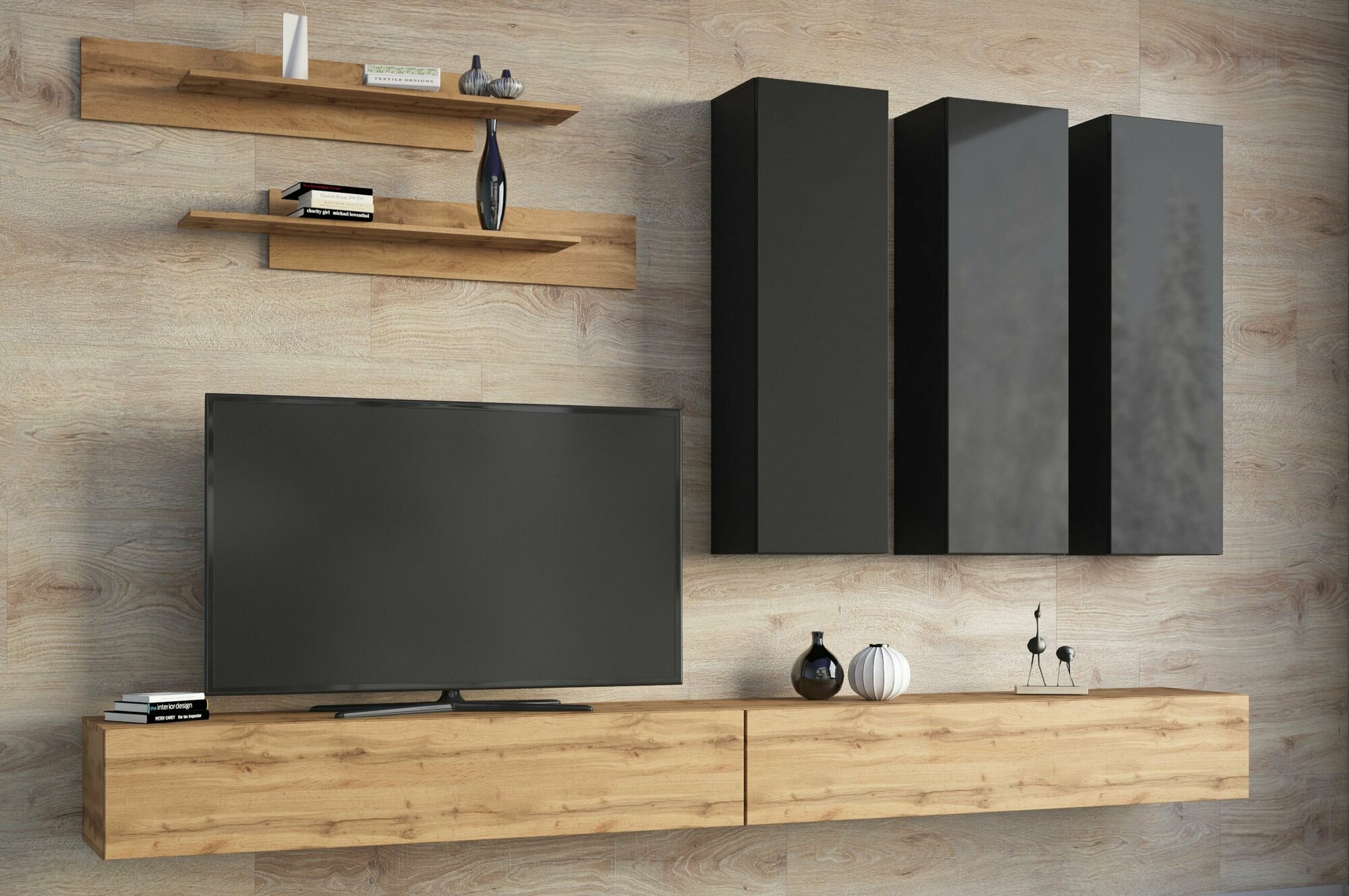 Гостиная TIME 3 с полками и навесными шкафами цвет черный/дуб вотан, стенка для зала