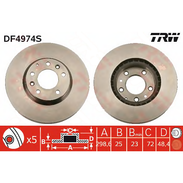 TRW DF4974S (0986479542 / 09B27210 / 1031087) диск тормозной передн mazda: 6 (gh) 07-, 6 наклонная задняя