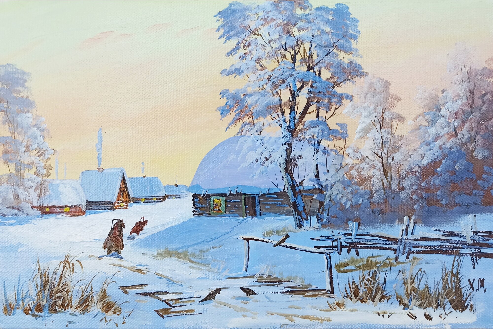 Картина масло/холст. 100% ручная работа, 100% живопись от Художественной мастерской Грëзы. Картина из серии "Деревенские пейзажи". Зима. Домики. Мостик. Повозка. Размер картины 20х30 см.