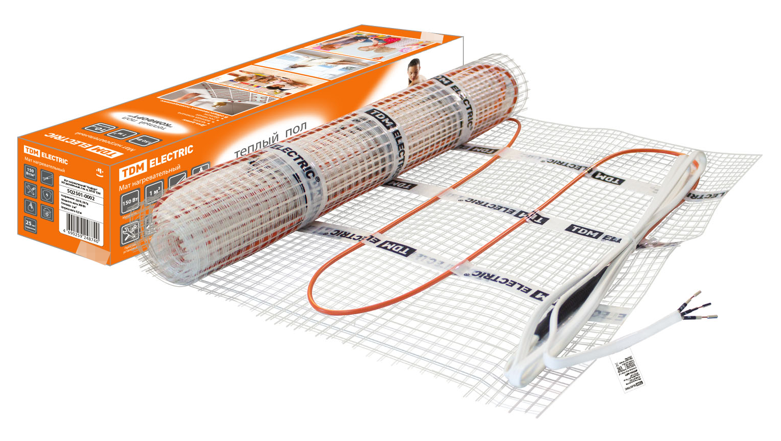 Нагревательный мат TDM Electric / ТДМ Электрик SQ2501-0002 Комфорт МН под плитку, без терморегулятора, оранжевый, толщиной 5мм, площадь 2кв. м, максимальная мощность 300Вт / теплый пол электрический