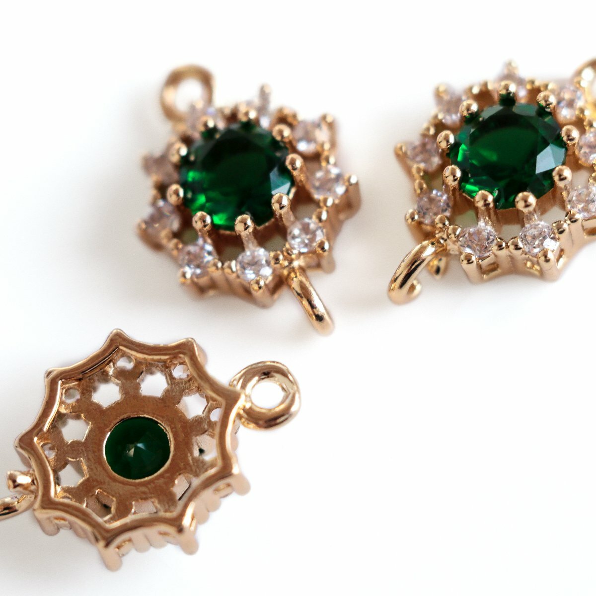 Коннектор для бижутерии 3 шт. / фурнитура для украшений, стразы, золото/зеленый, 16x11x5 мм