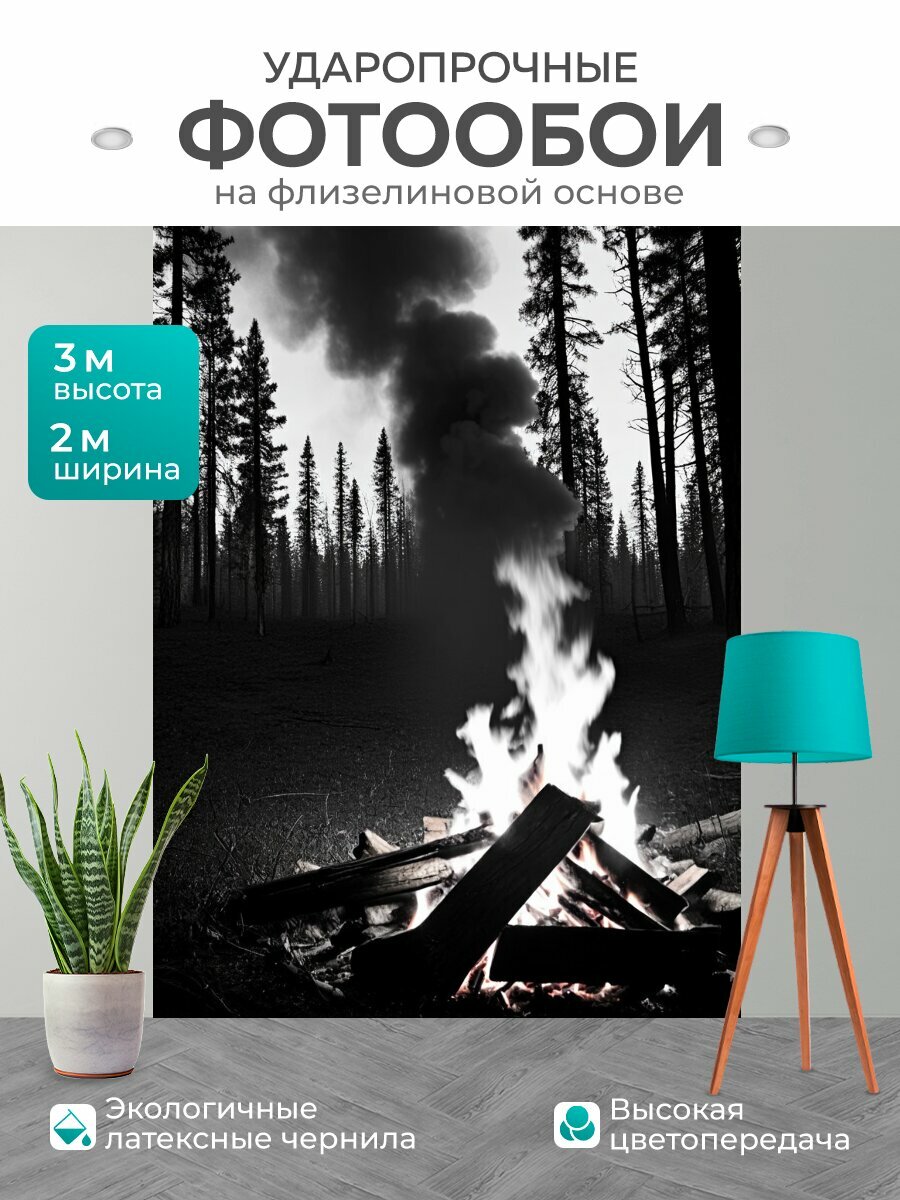 Фотообои моющиеся ударопрочные "Черно-белый с вдали поднимающимися дымами от костра в лесу, что создаёт таинственную атмосферу. лесные деревья стоят," 200x300 см. флизелиновые на стену