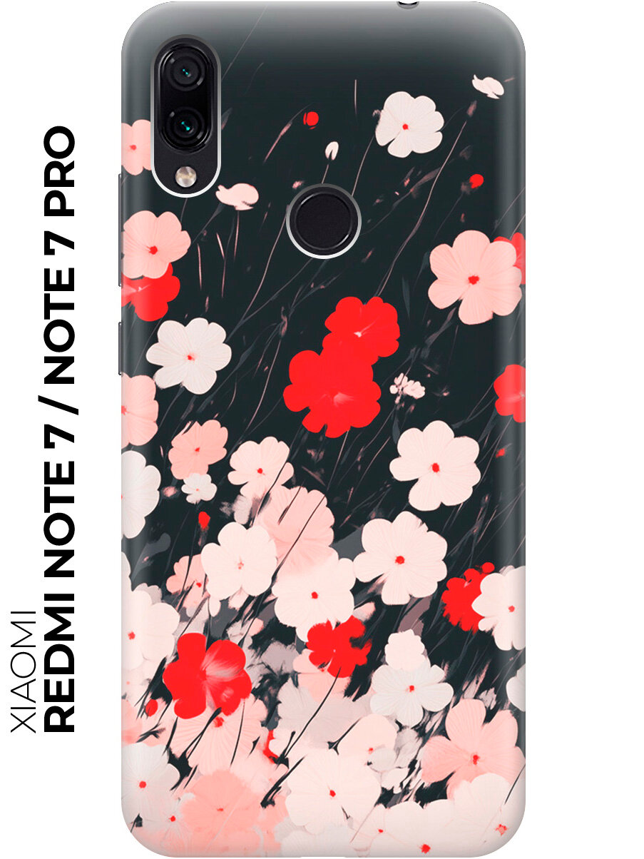 Силиконовый чехол на Xiaomi Redmi Note 7 / Note 7 Pro с принтом "Бело-красные цветы"