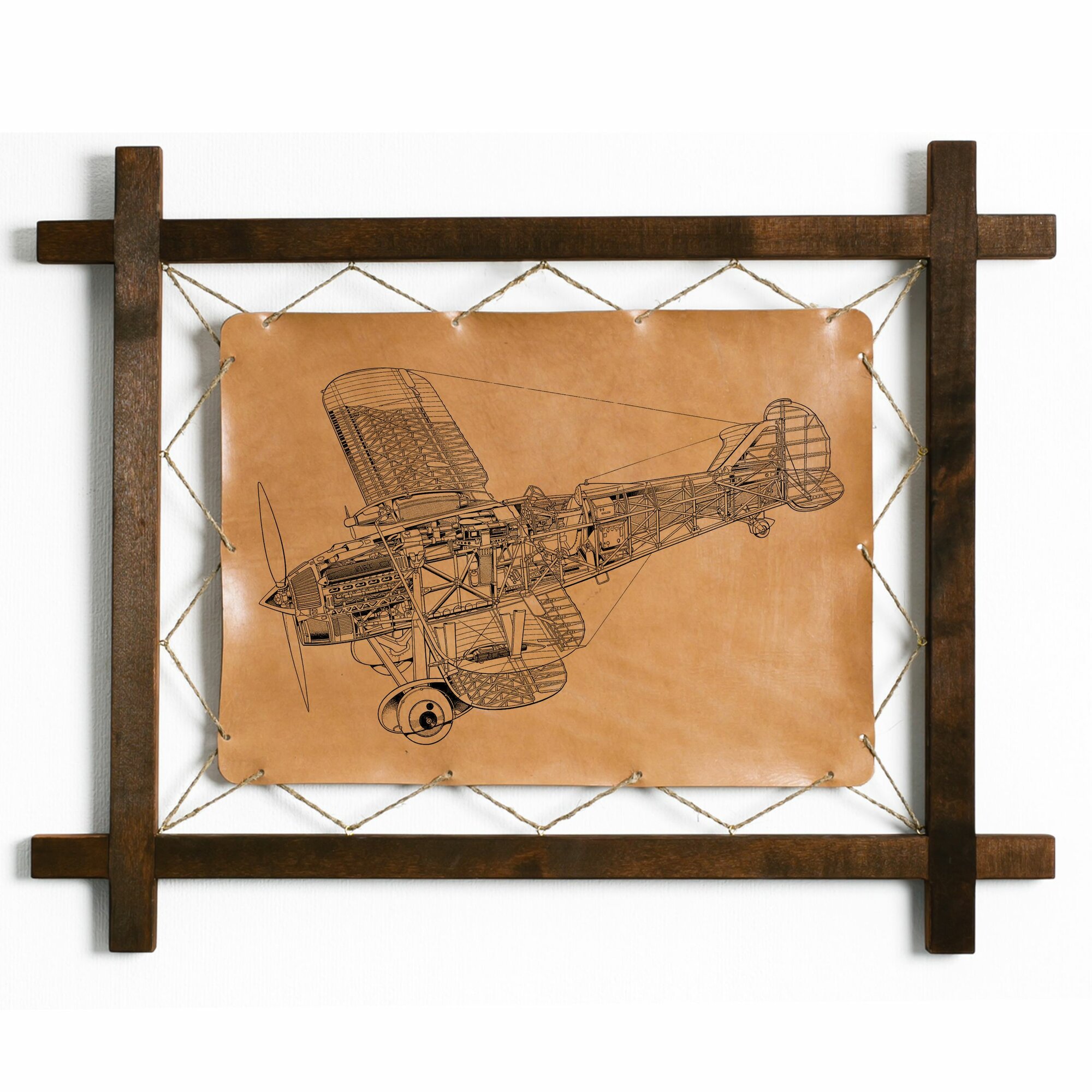 Картина интерьерная, натуральная кожа, "Истребитель-биплан Fiat CR32", в деревянной раме, BoomGift