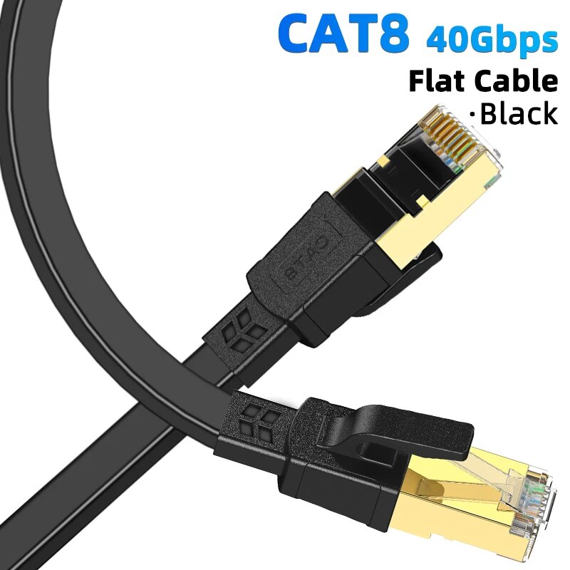 Высокоскоростной Ethernet-кабель HPUFTO Cat 8 40 Гбит/с 2000 МГц Сетевой кабель RJ45 Интернет-кабель для ПК Маршрутизатор Ноутбук Патч-кабель Cat8 Flat Cable-Black, 0.5m