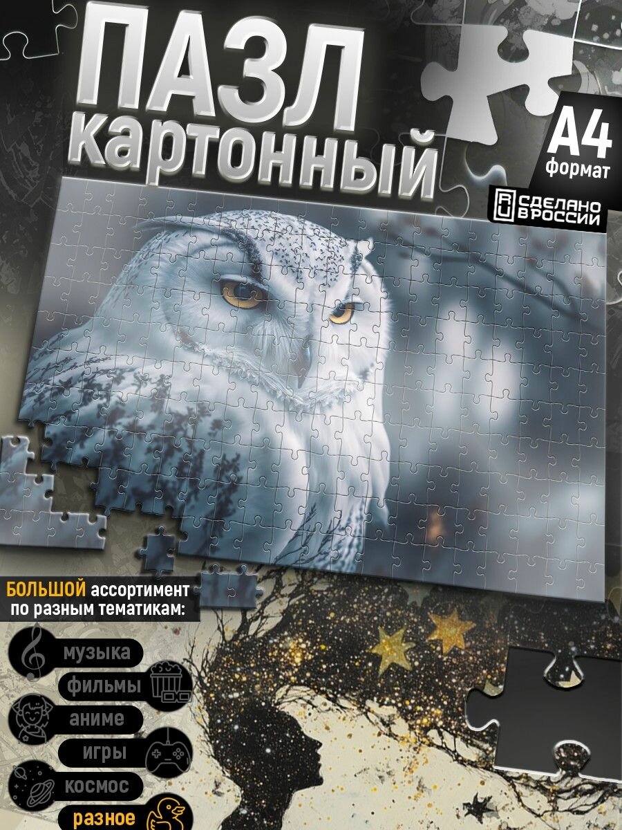 Пазл картонный А4: Разное Птицы (Сова, белая, лес) - 6251246