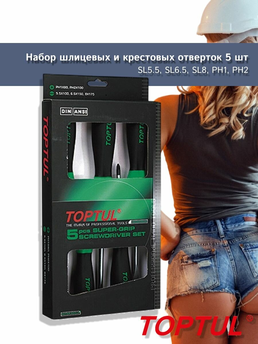 Набор прямых и крестовых отверток SL 5.5, 6.5, 8 и PH1, PH2 с магнитным наконечником, профессиональный ручной инструмент в коробке 5 шт GAAE0504 TOPTUL