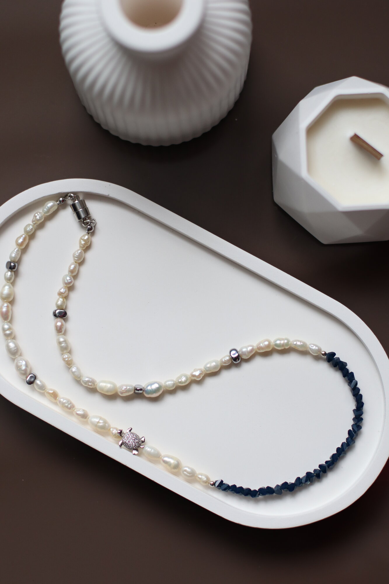 Колье, гематит, жемчуг культивированный, стекло