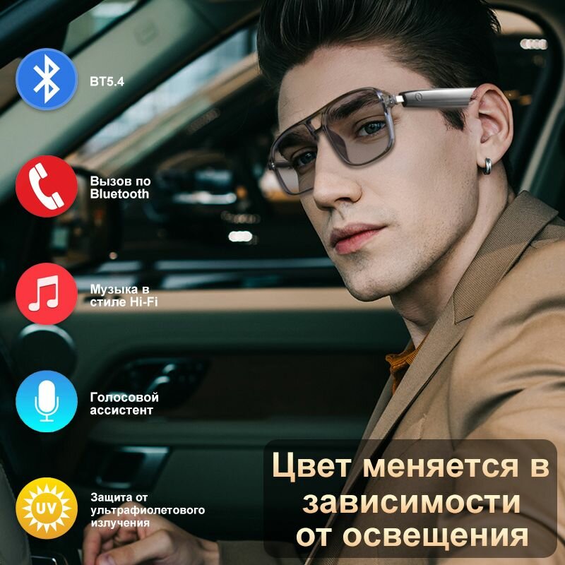 Умные очки Светочувствительные смарт-очки Bluetooth с возможностью изменения цвета, защита от ультрафиолета, аудиоочки для прослушивания песен, звонков, встроенный микрофон гарнитуры