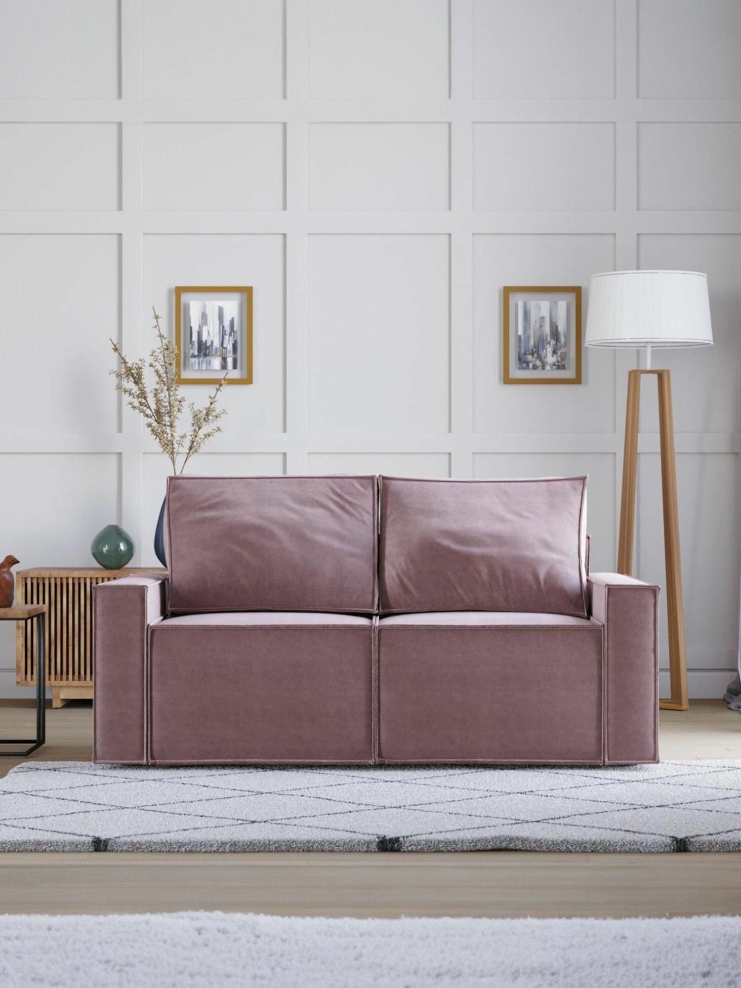 Прямой диван Manons Maison MINI, раскладной механизм Еврокнижка, Велюр Розовый, 170х102х95 см