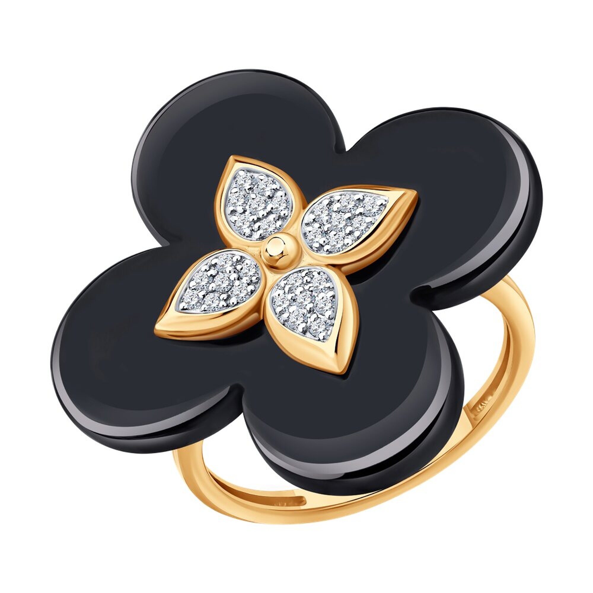 Кольцо, красное золото, 585 проба, керамика, бриллиант