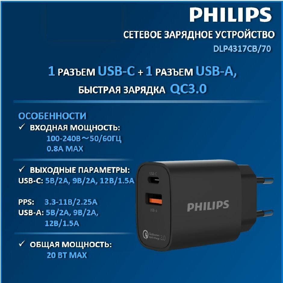 Зарядное устройство для телефона Philips DLP4317CB/70, USB-C и USB-A, 20W, быстрая зарядка QC3.0, чёрный