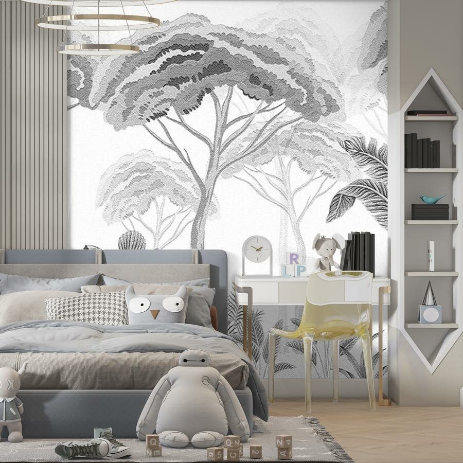 Фотообои Тропический лес черно-белый 12-1499-S-Холст 270 x 200 см (ВхШ) Бесшовные, флизелиновые, влагостойкие обои MasterFresok