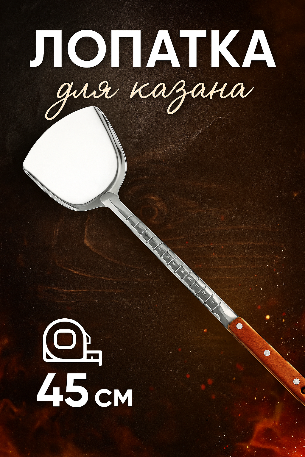 Лопатка кухонная для казана узбекская 45см, ширина 12см, с деревянной ручкой