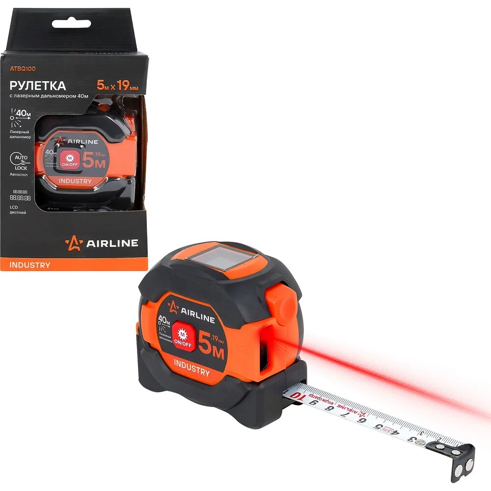 Рулетка Airline 5 м, 19 мм INDUSTRY c лазерным дальномером 40м, магнитный зацеп, двусторонняя шкала ATBQ100