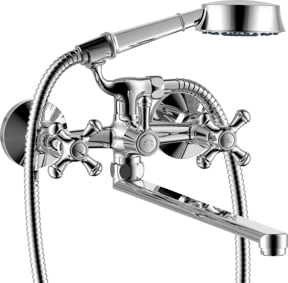 Смеситель с длинным изливом для ванны Damixa RedBlu Retro 239500000 с душевым гарнитуром, поворотный, латунный, хром, глянцевый, смеситель для ванны с душем, вентильный