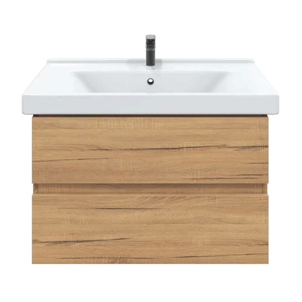 Тумба с раковиной SanStar Lavanti 80 подвесная, 80, 5 см, светлое дерево, матовая, из ЛДСП, с ящиками, раковина для ванной, фарфоровая, прямоугольная