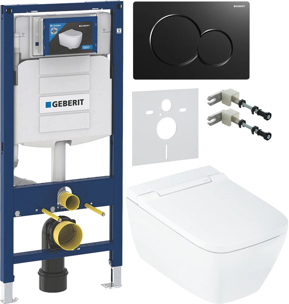 Комплект Умный подвесной Geberit AquaClean Sela Square безободковый, с биде, белый / Инсталляция Duofix UP 320 111.300.00.5 / Кнопка черная, Звукоизоляция, Крепление к стене
