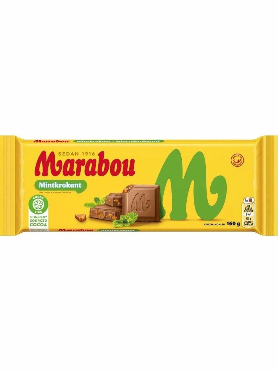 Шоколад Marabou Mintkrokant с мятой, молочный 160 гр.(Швеция)