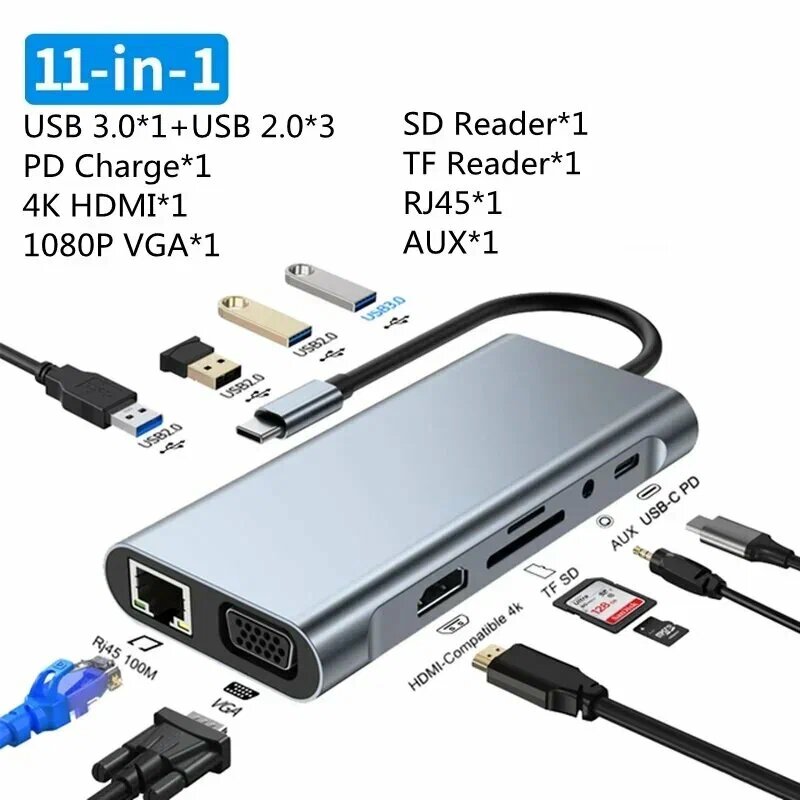 Док-станция для ноутбука 11 в 1, док-станция типа C, HDMI PD 3,0, USB RJ45 VGA, PD AUX TF/SD