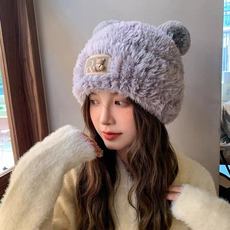 Осенне-зимняя милая шапка с медвежьими ушками, маленькая модная японская шерстяная шапка с защитой ушей, теплая и холодостойкая вязаная шапка.