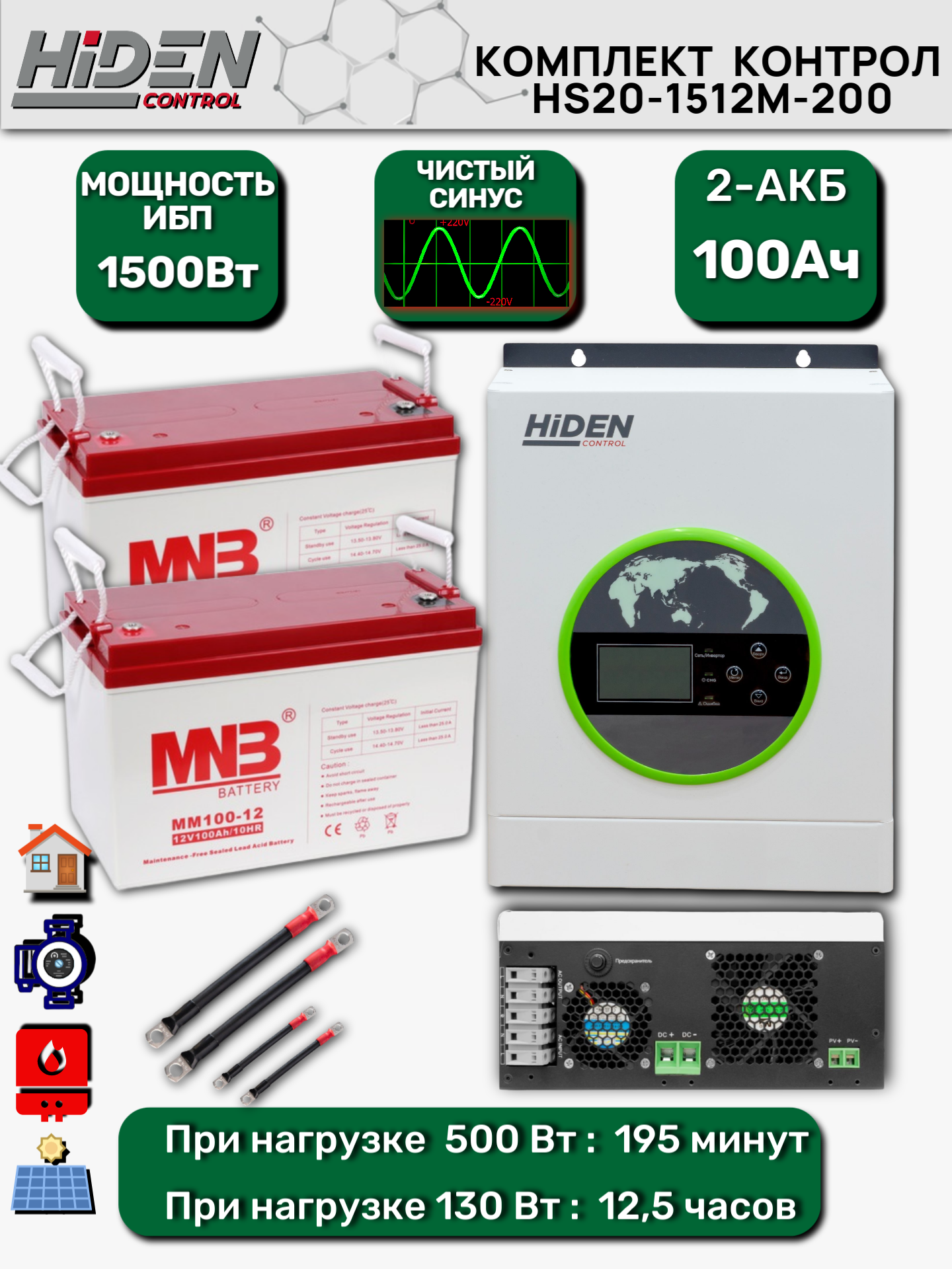 Комплект ИБП Контрол HS20-1512М-200 для дома, котла, освещения, циркуляционных насосов (1500Вт, 200Ач)