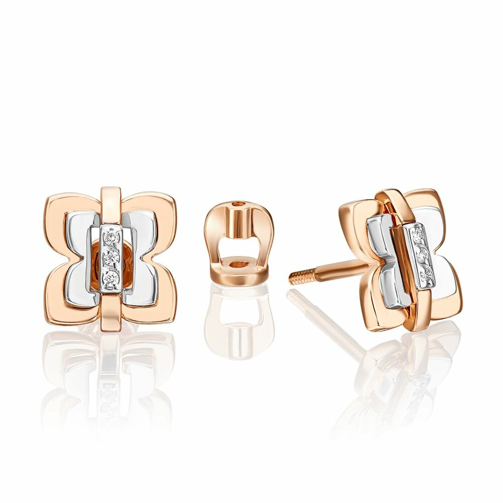 Серьги пусеты, комбинированное золото, 585 проба, родирование, бриллиант