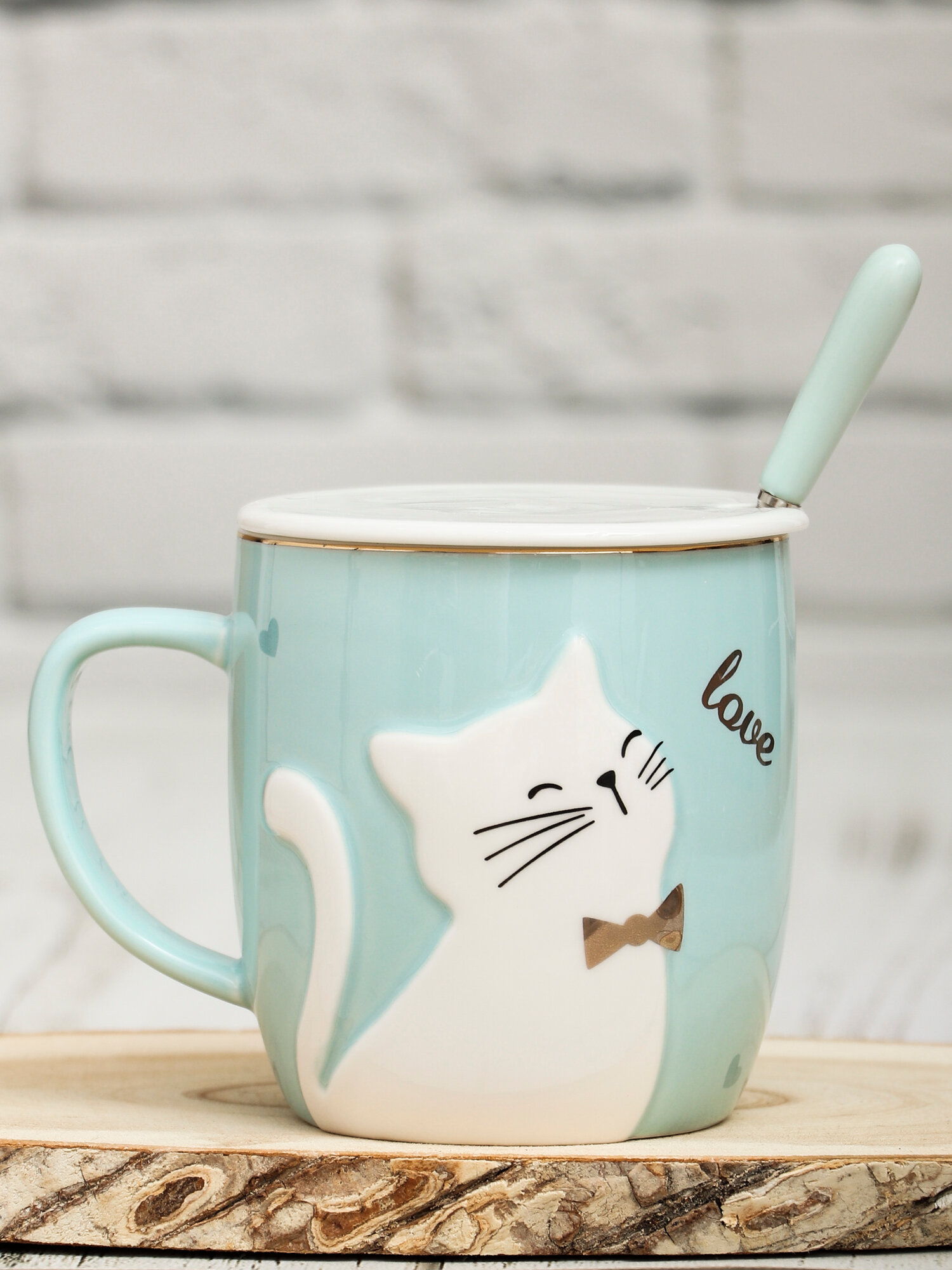 Кружка для чая Стильные котики Love (N 2) зеленый 410 мл эврика, чашка с крышкой и ложкой женская, детская, подарочная