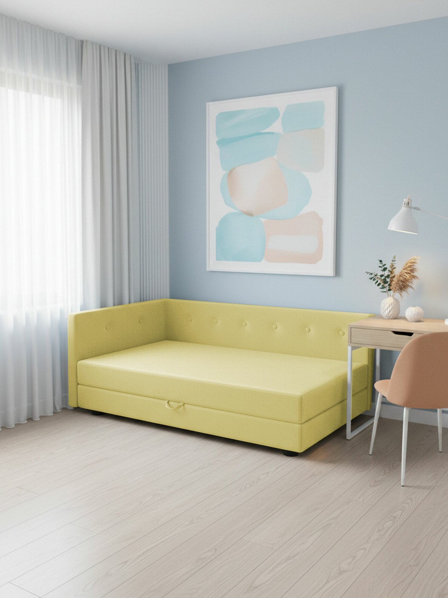 Тахта Лира Слева фокус- мебельная фабрика 130х210х76 см кремовая рогожка