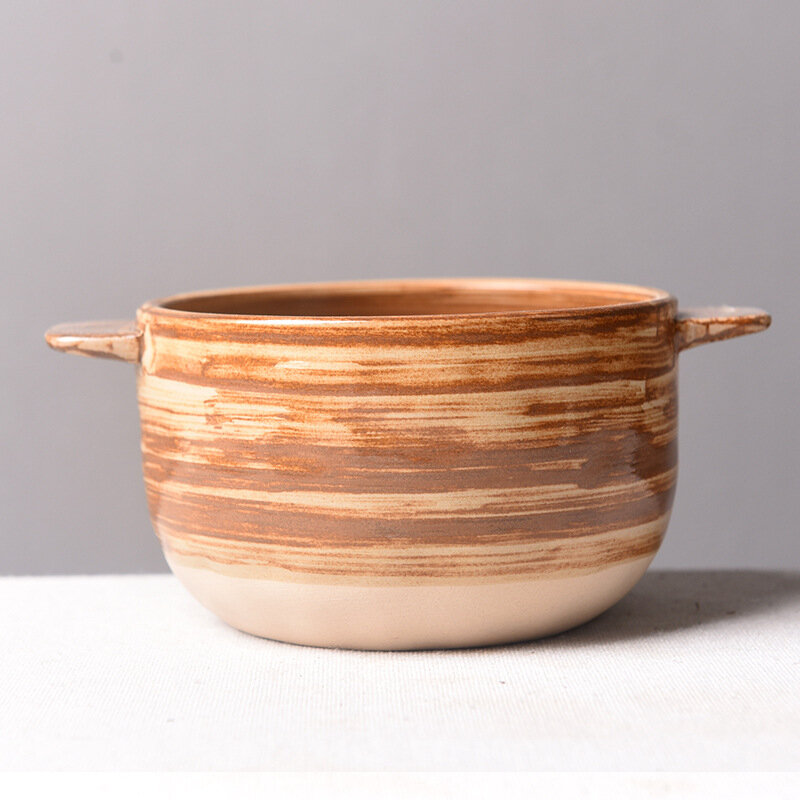 Японская керамическая миска с двумя ушками, суповая миска, домашняя ретро грубая керамика, электрическая керамическая плита, миска для каши, миска для лапши быстрого приготовления, миска для запеченного риса, посуда