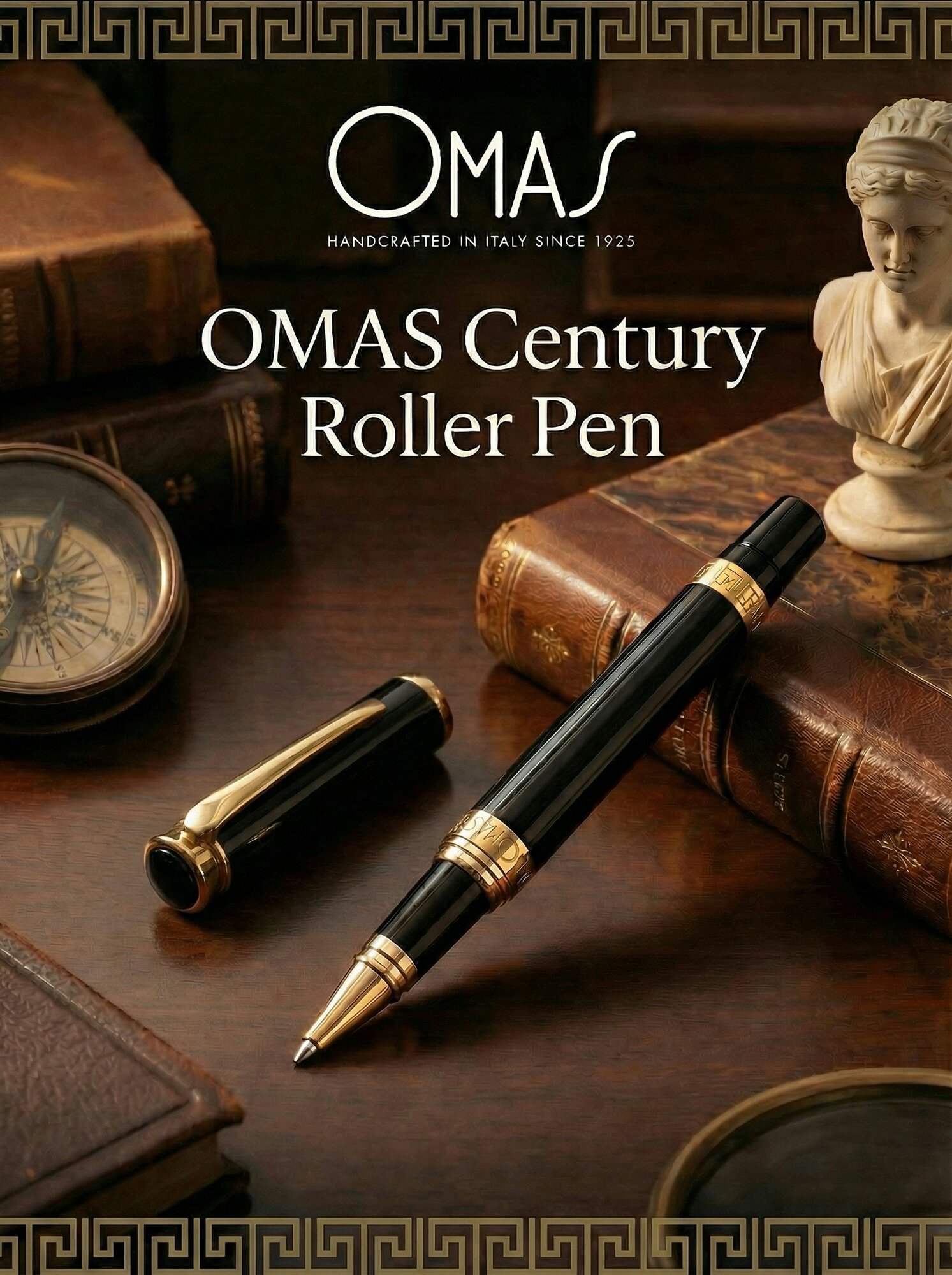Ручка шариковая черная роллер металлическая Omas Century Gold