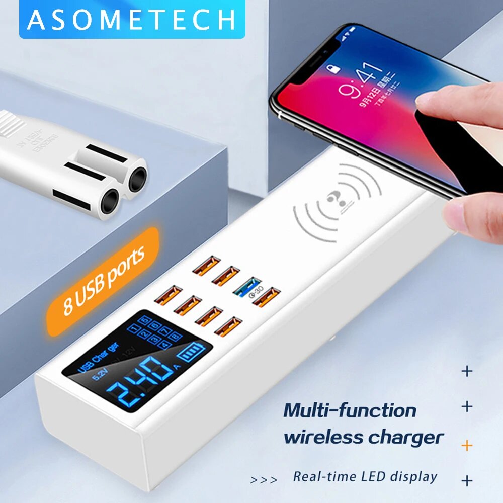 8 портов светодиодный дисплей USB зарядное устройство Беспроводное зарядное устройство Быстрая зарядка станция телефон зарядное устройство адаптер для iPhone Xiaomi Samsung Huawei