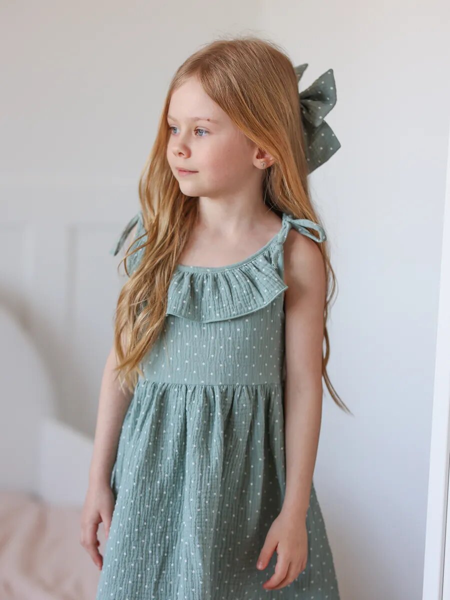 Бант на заколке для девочки из муслина , нарядный в горошек Leli dress — фото 1