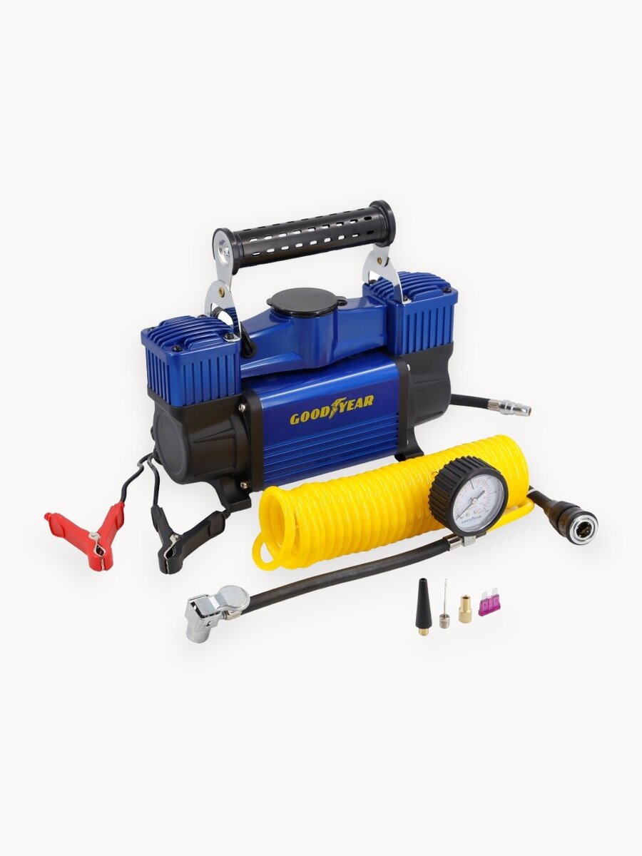 Воздушный компрессор Goodyear GY-80L 80 л/мин,/двухпоршневой/питание от АКБ/съемный витой шланг/сумка для хранения