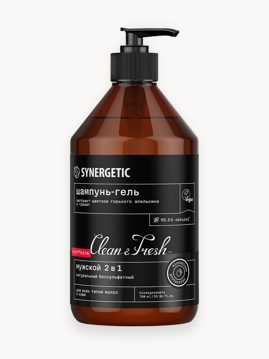 Натуральный бессульфатный шампунь-гель для душа SYNERGETIC мужской 2 в 1, 750 мл