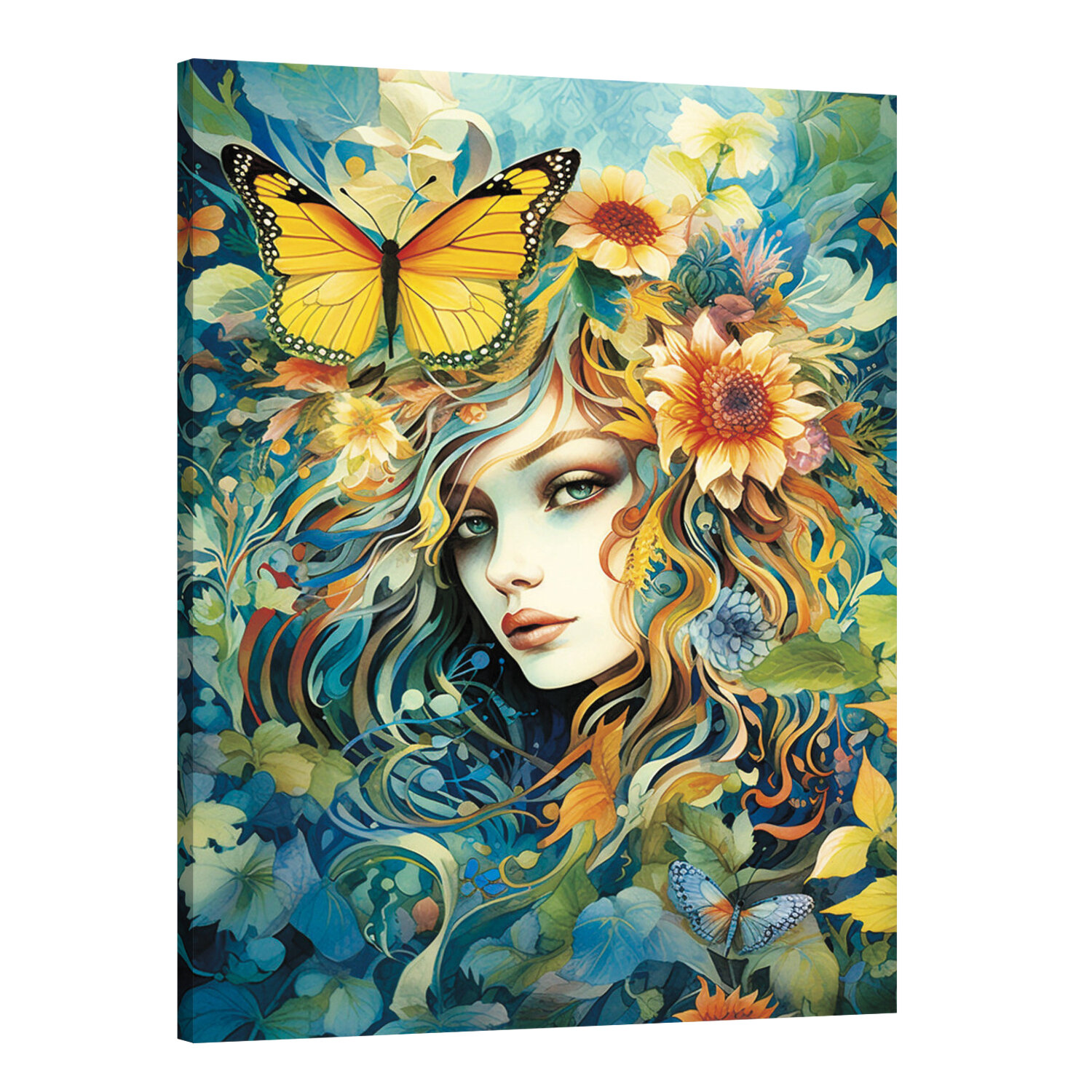 Интерьерная картина 50х70 "Девушка с бабочками и подсолнухами"