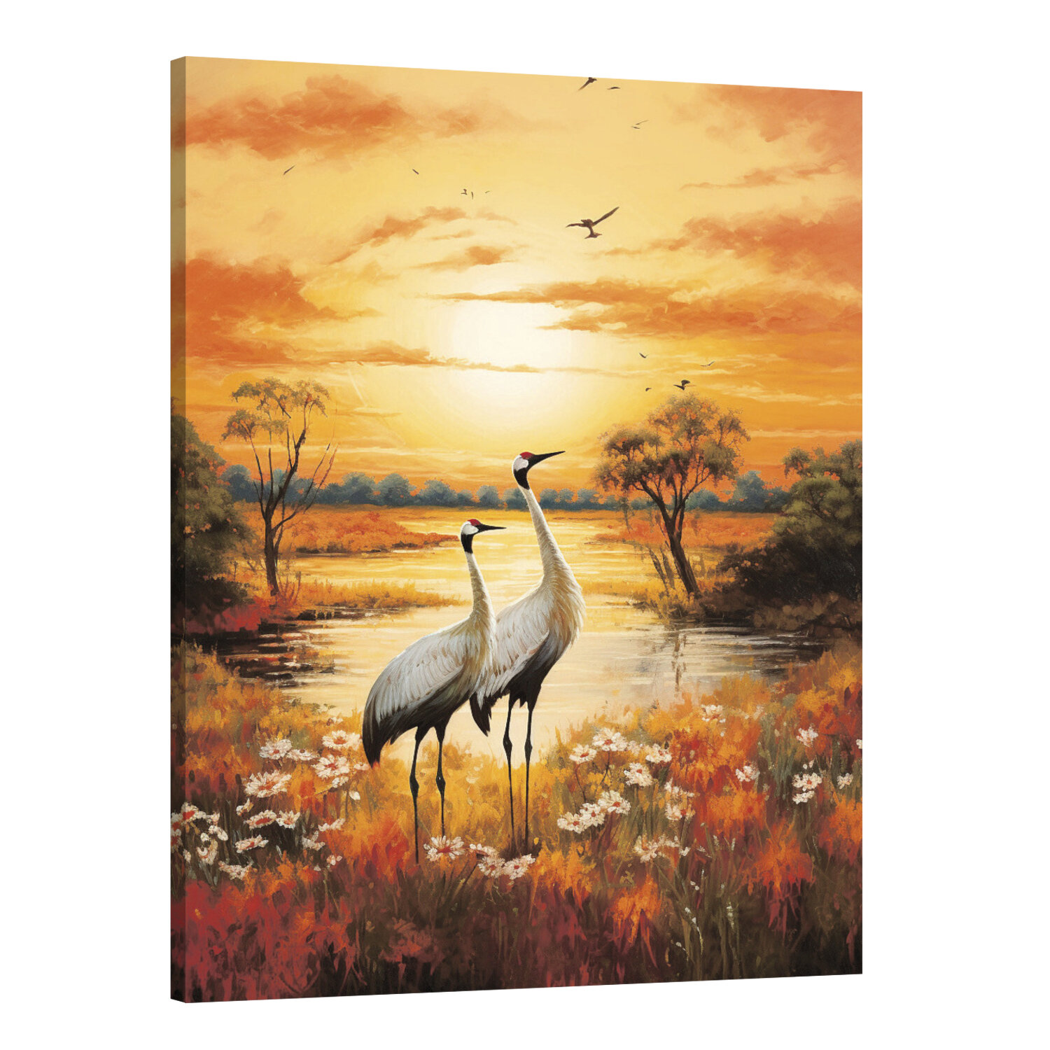 Интерьерная картина 50х70 "Пейзаж с полями и летящими журавлями"