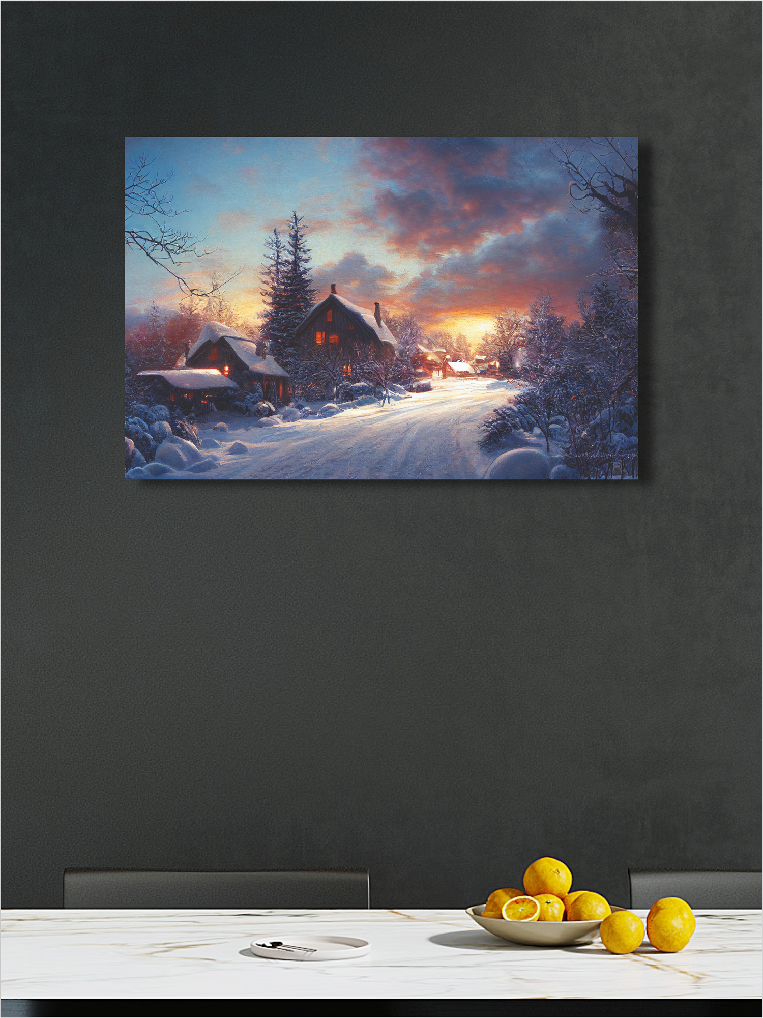 Картина для интерьера на стену пейзаж. Зимняя деревня 40х60 см холст на подрамнике