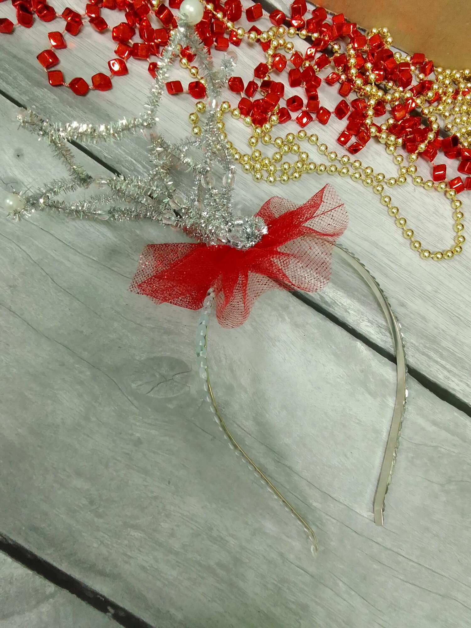 Ободок Корона, текстиль, 175x170 мм, красный, серебристый фатин