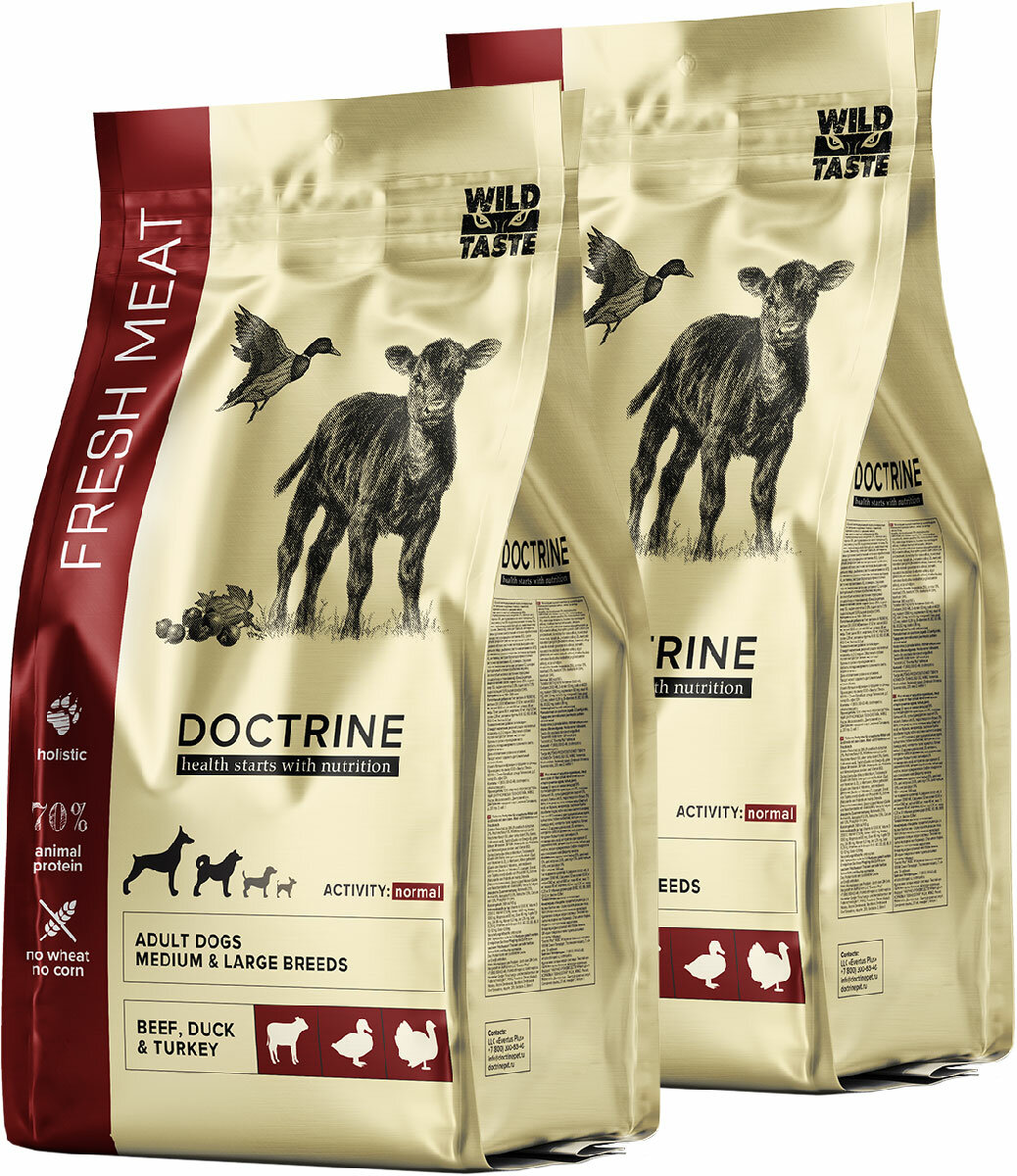 DOCTRINE ADULT DOG MEDIUM & LARDGE BREEDS BEEF, DUCK & TURKEY беззерновой для взрослых собак средних/крупных пород индейка/говядина/утка (3 + 3 кг)