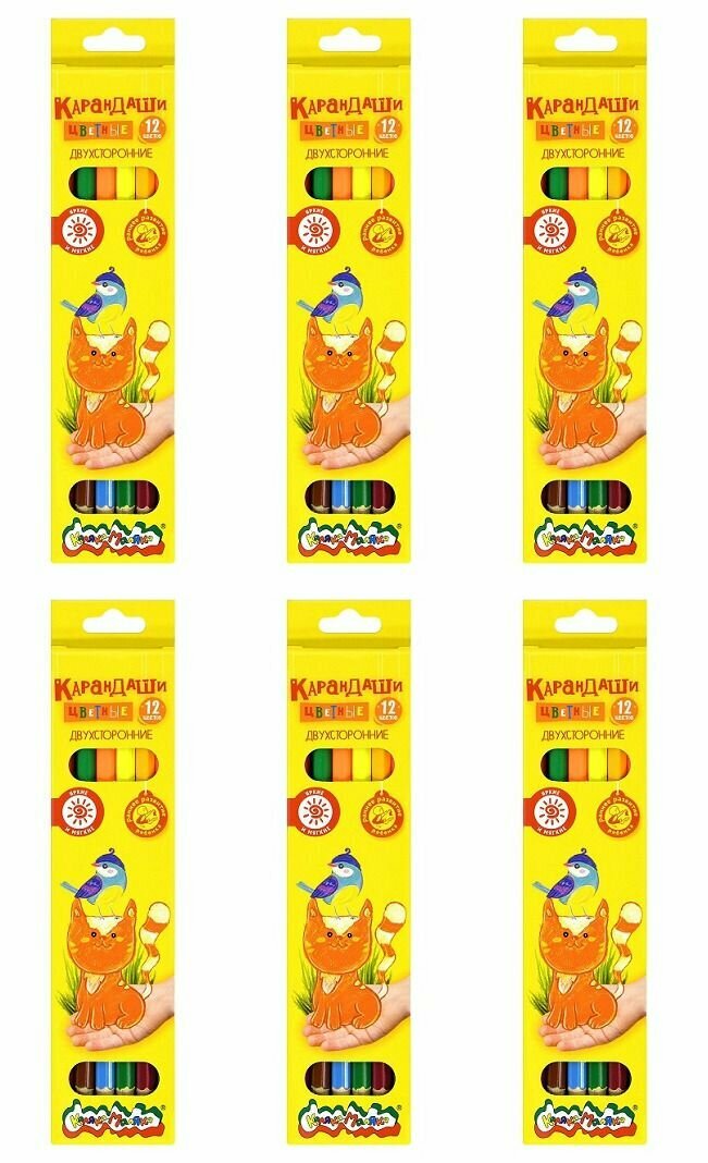 Каляка-Маляка Набор цветных карандашей, двухсторонние 12 цветов шестигранные, корпус деревянный, картонная упаковка, 6 уп.