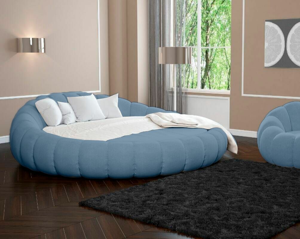 Двуспальная кровать 200, Berta, круглая, с мягким изголовьем, велюр, синий