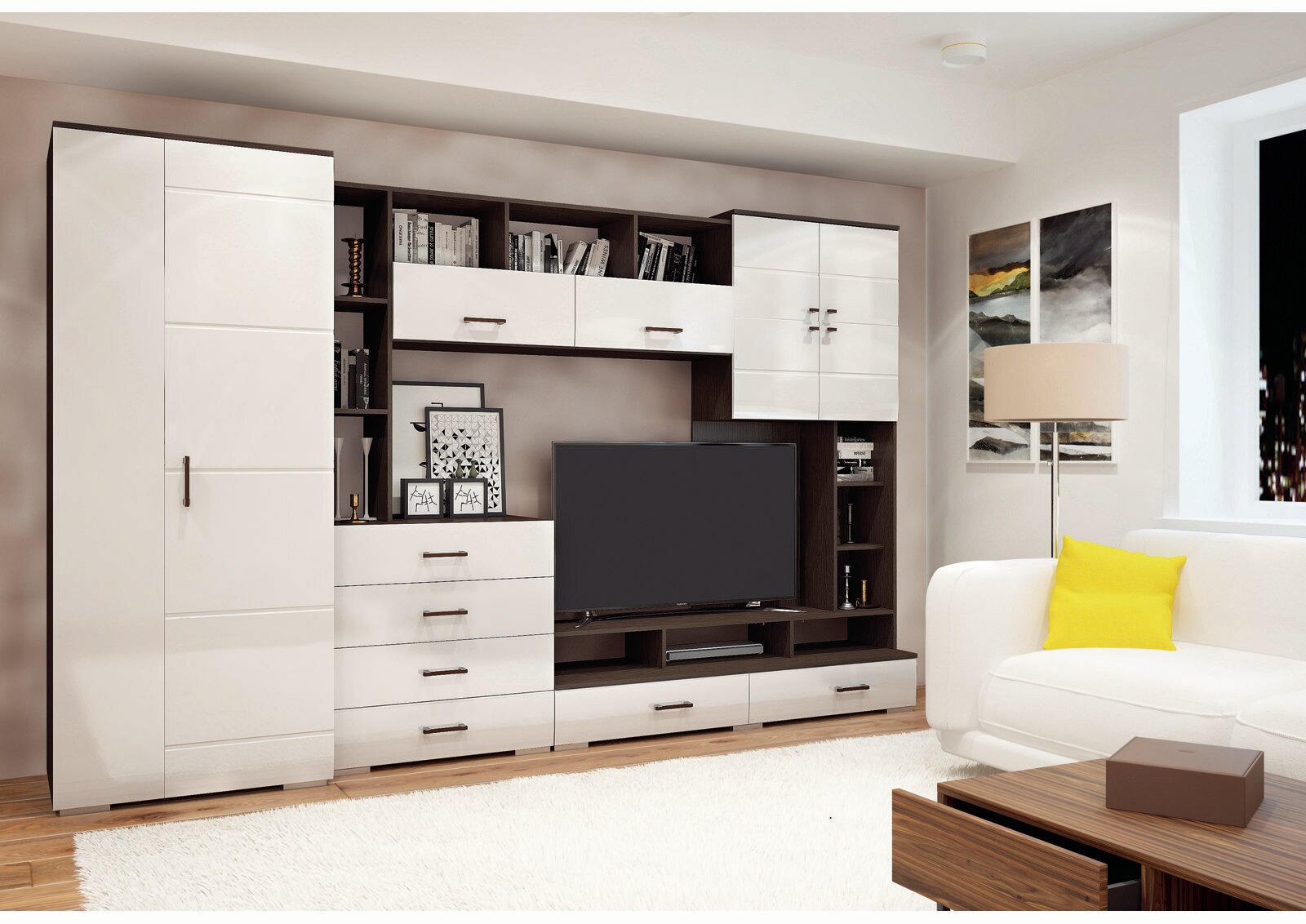 Гостиная Коста, цвет Венге/Белый глянец ширина 320 см ЛДСП со шкафом и тумбой, с полками и зоной под ТВ