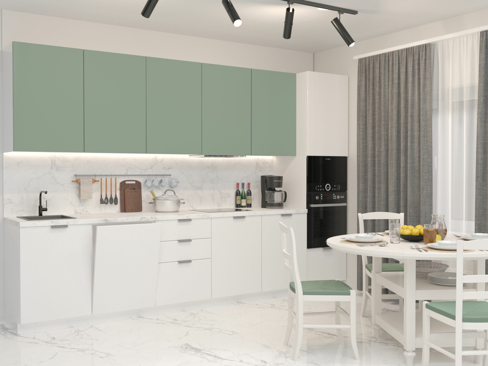 Кухонный гарнитур Фьюжн Зеленый матовый/Белый матовый, 3600 мм
