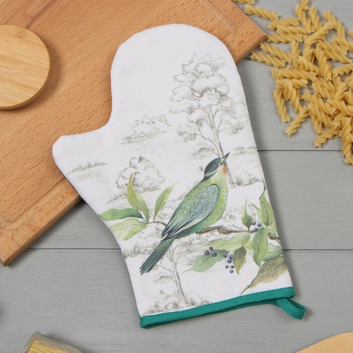 Варежка-прихватка Этель "Птицы" 20х28см, саржа, 100% х/л, ватин 250г/м2
