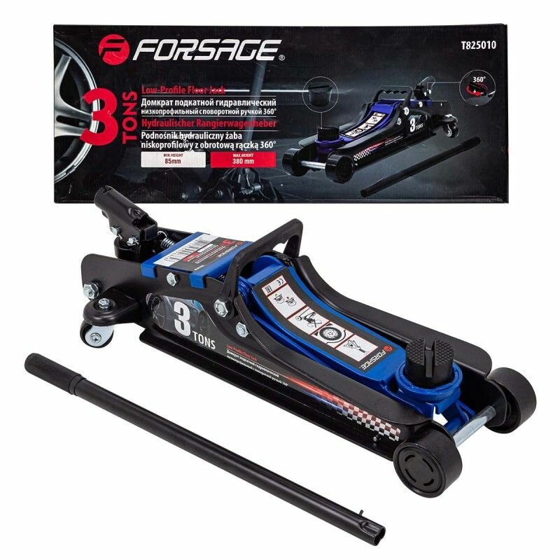 Домкрат подкатной гидравлический низкопрофильный 3т (усиленный корпус, поворотная ручка 360 градусов, h min 85мм, h max 380мм)