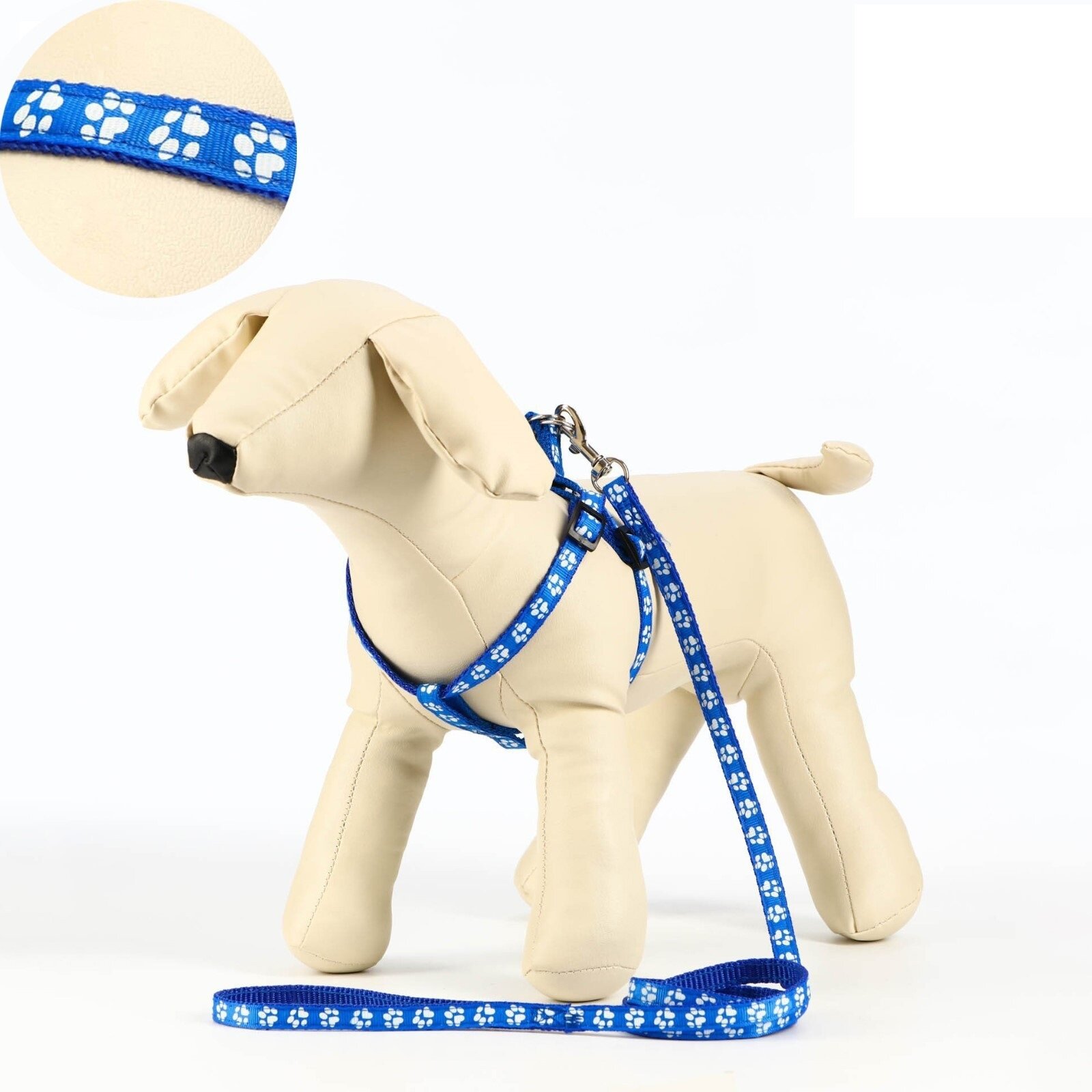 Комплект прошитый "Лапки", ширина 1 см, поводок 120 см, шлейка 23-35 см, синий