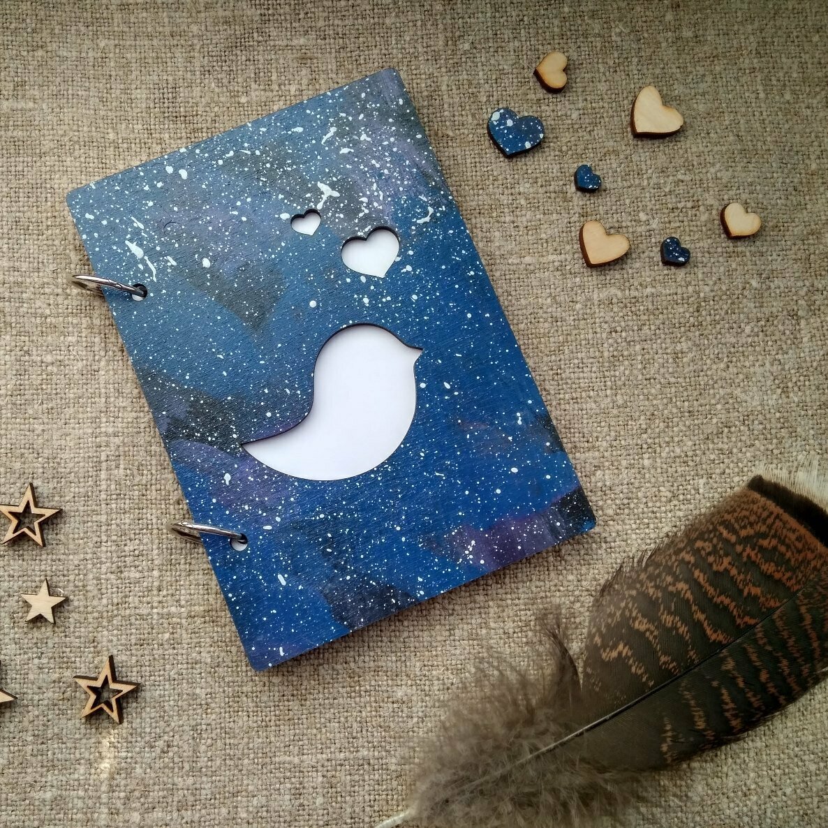 Деревянный блокнот "Космическая птица", А6, 50 белых листов, ручная работа