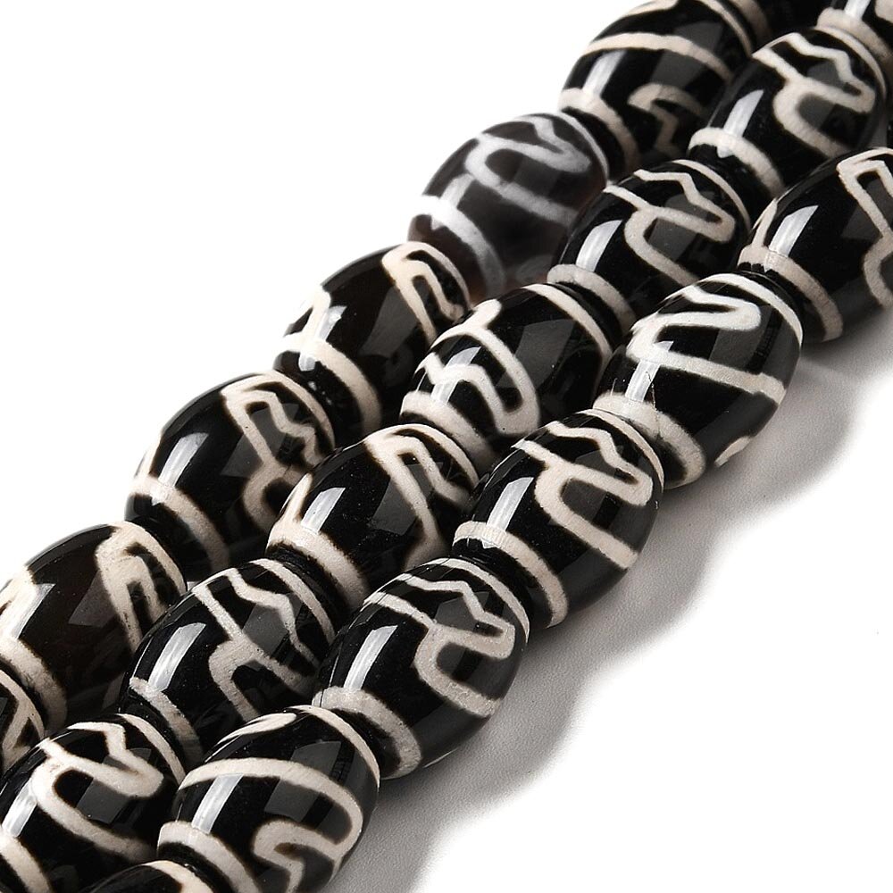 Бусина Дзи натуральный камень Агат черный с белым Лотос 0011285 цилиндр 14x10 мм, цена за 1 шт.