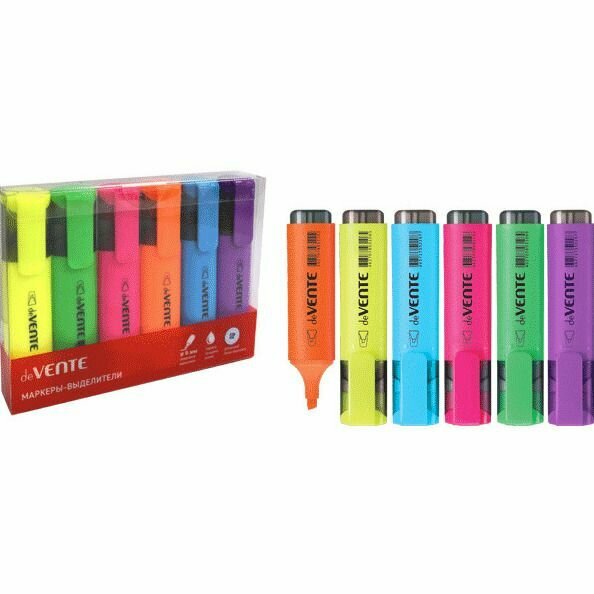 Набор маркеров текст. 6 шт "deVENTE" (желт, зел, оран, роз, гол, сирен) плоский корпус, линии 1-5 мм